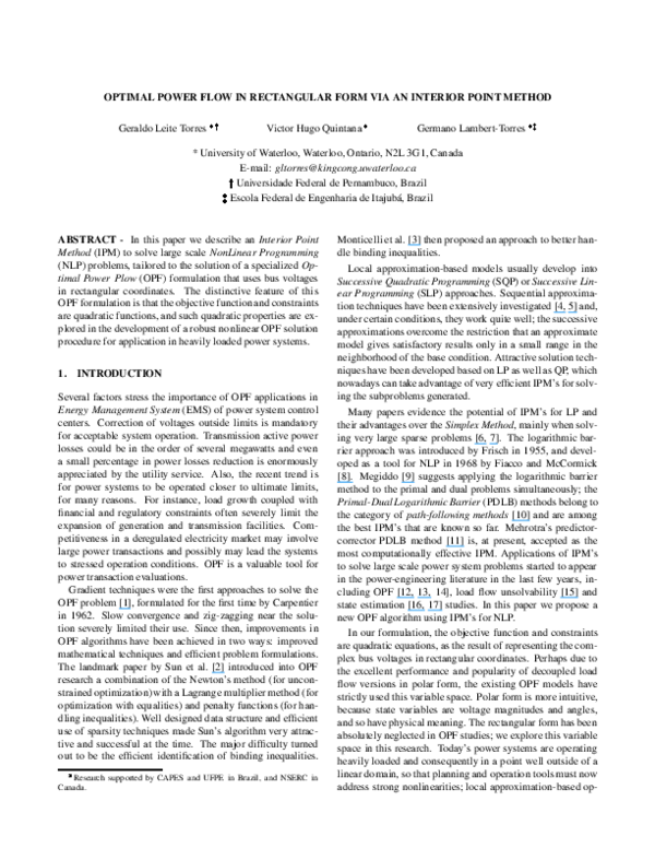 (PDF) Optimal Power Flow in Rectangular Form via an Interior Pointmethod