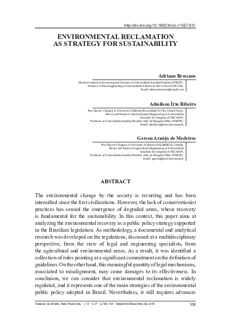 (PDF) ENVIRONMENTAL RECLAMATION AS STRATEGY FOR SUSTAINABILITY