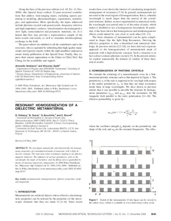 (PDF) Resonant homogenization of a dielectric metamaterial | Didier Felbacq - Academia.edu