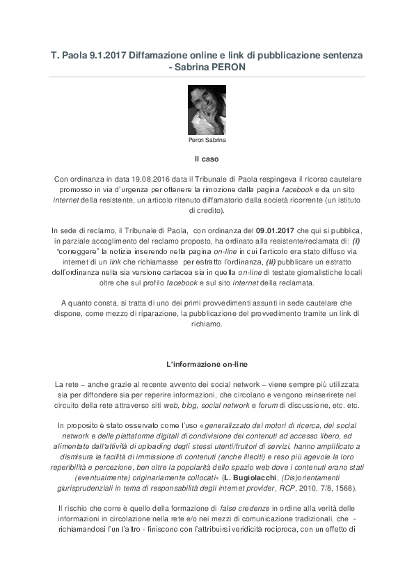 (PDF) T. Paola 9.1.2017 Diffamazione online e link di pubblicazione ...