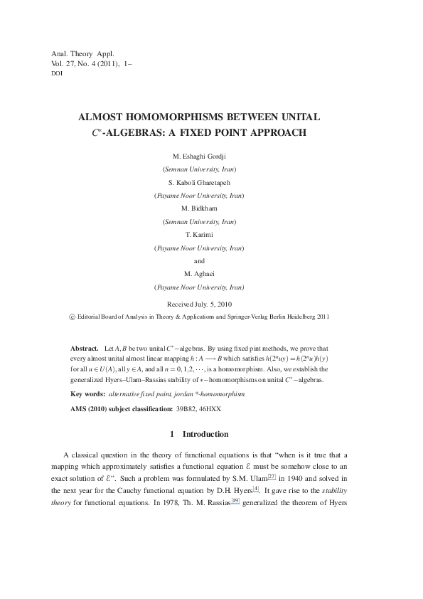 (PDF) Almost homomorphisms between unital C*-algebras: A fixed point approach | amir taghi ...
