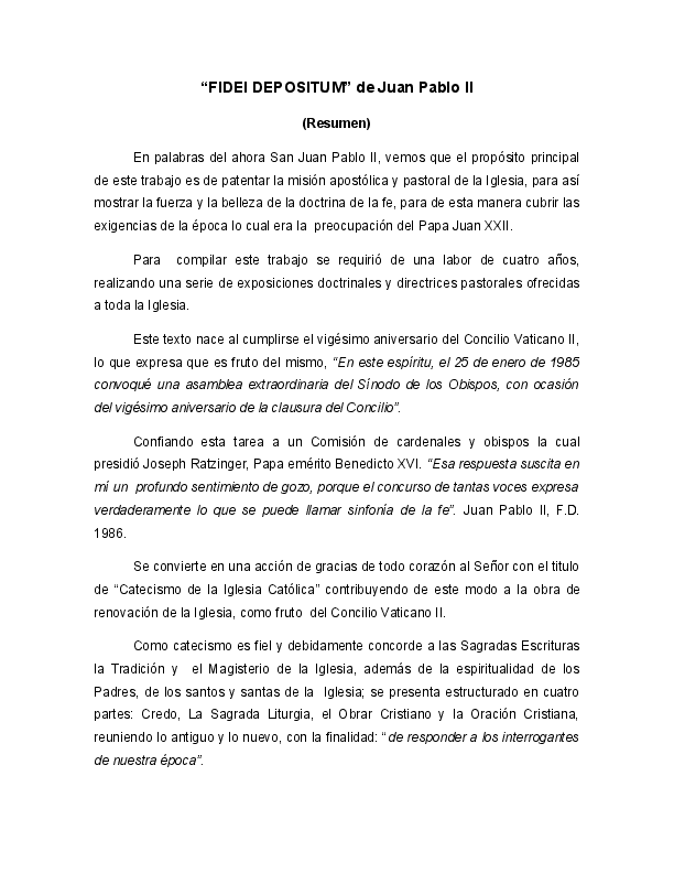 (DOC) " FIDEI DEPOSITUM " de Juan Pablo II (Resumen