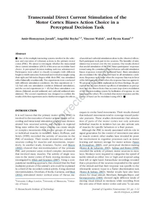 (PDF) Transcranial Direct Current Stimulation of the Motor Cortex Biases Action Choice in a ...