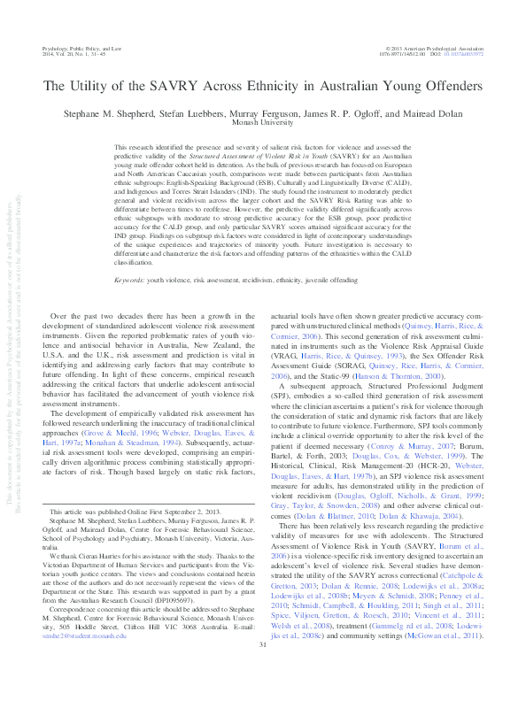 (PDF) The utility of the SAVRY across ethnicity in Australian young ...