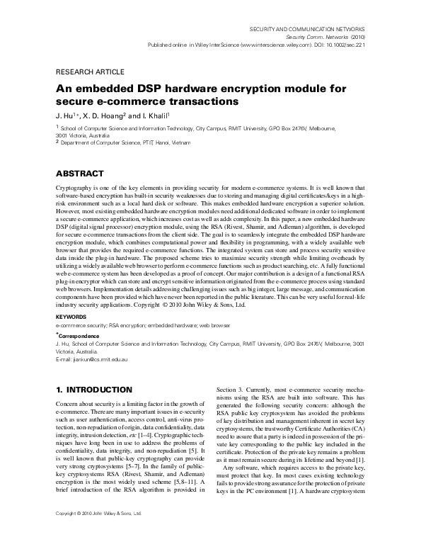 (PDF) An embedded DSP hardware encryption module for secure e‐commerce transactions