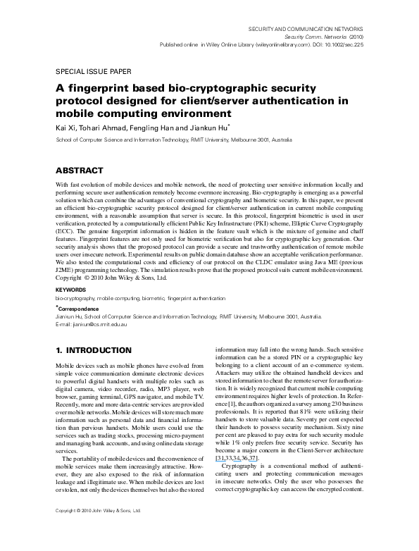 Pdf A Fingerprint Based Bio Cryptographic Security Protocol Designed For Clientserver 