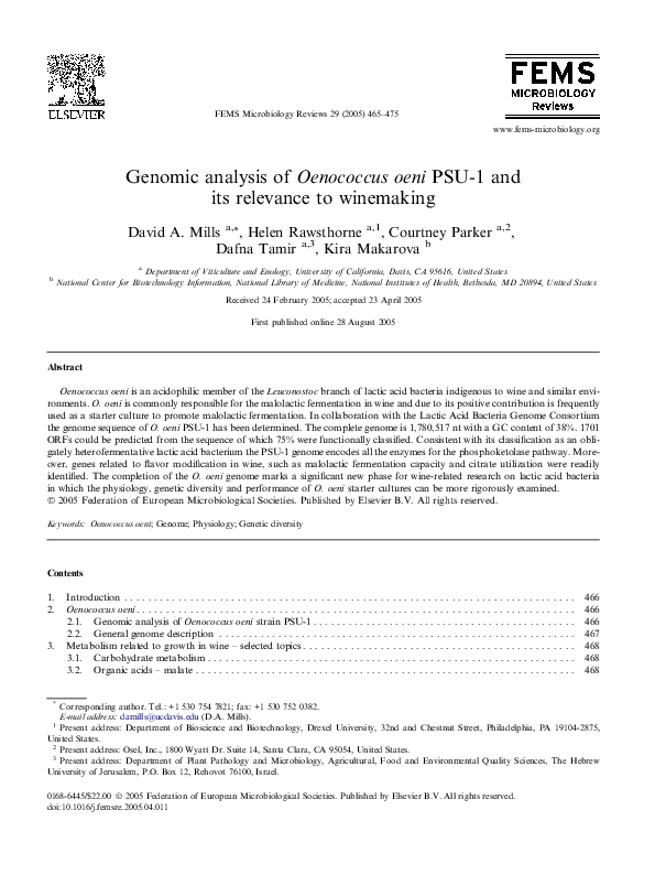 (PDF) Genomic analysis of Oenococcus oeni PSU-1 and its relevance to winemaking