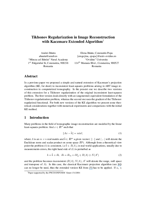 Pdf Tikhonov Regularization In Image Reconstruction With Kaczmarz Extended Algorithm