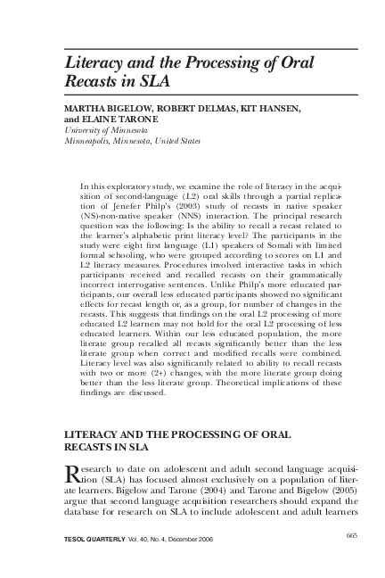 (PDF) Literacy and the Processing of Oral Recasts in SLA