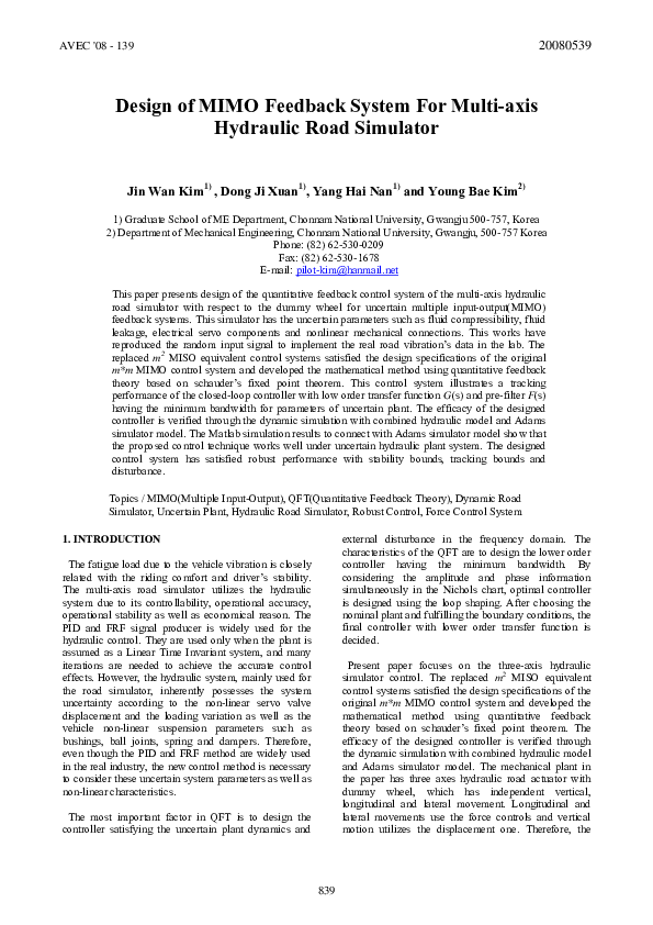 (PDF) Design of MIMO Feedback System For Multi-axis Hydraulic Road ...