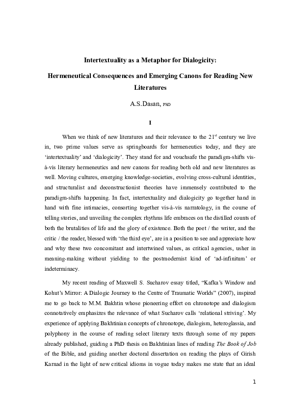 (DOC) Intertextuality as a Metaphor for Dialogicity: Hermeneutical Consequences and Emerging ...