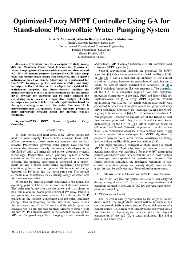 (PDF) Optimized-fuzzy MPPT controller using GA for stand-alone photovoltaic water pumping system