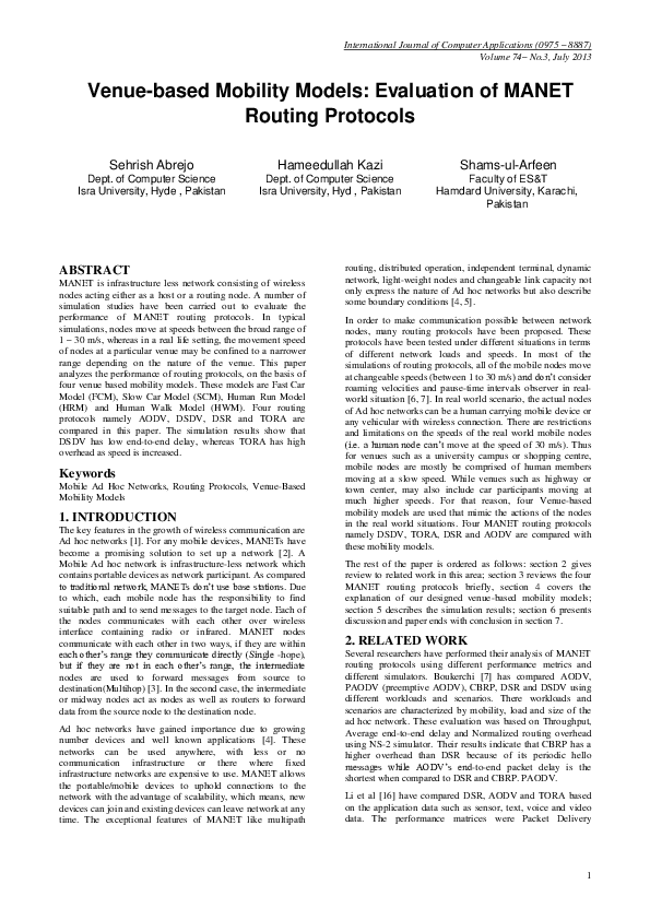 Pdf Venue Based Mobility Models Evaluation Of Manet Routing Protocols Hameedullah Kazi