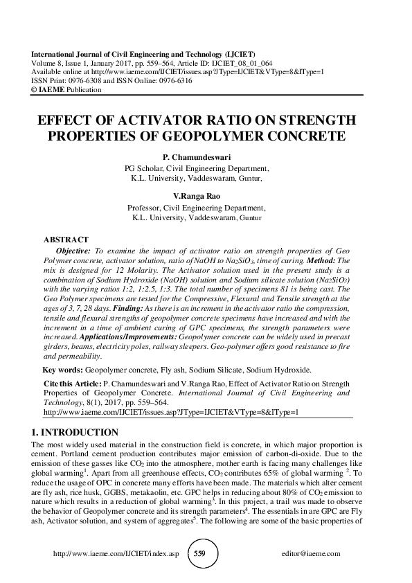 (PDF) EFFECT OF ACTIVATOR RATIO ON STRENGTH PROPERTIES OF GEOPOLYMER ...
