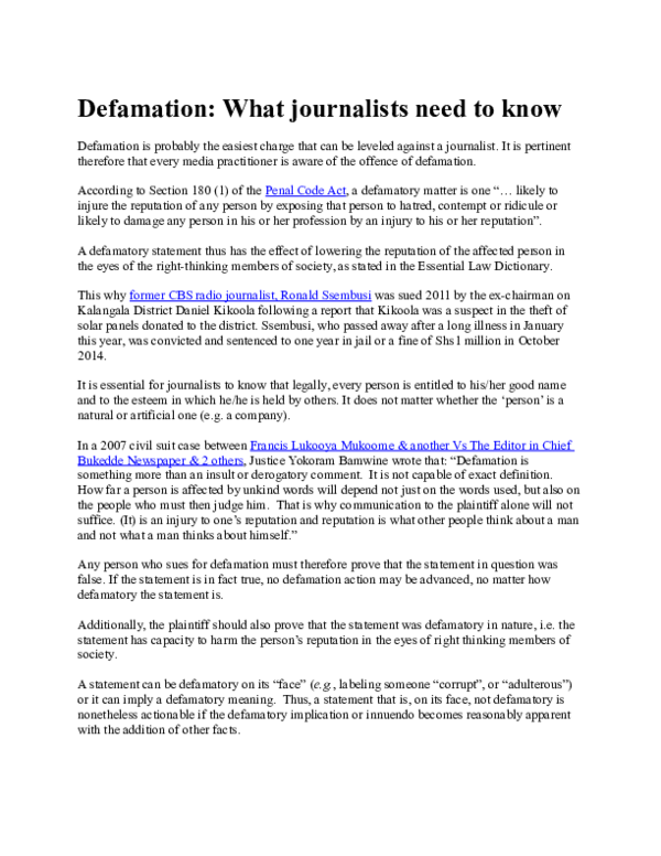 (DOC) Defamation: What journalists need to know