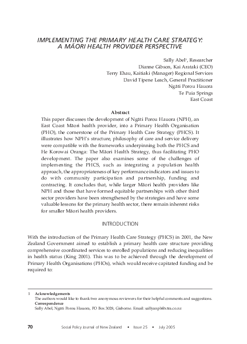 (PDF) Implementing the primary health care strategy: a Maori health ...