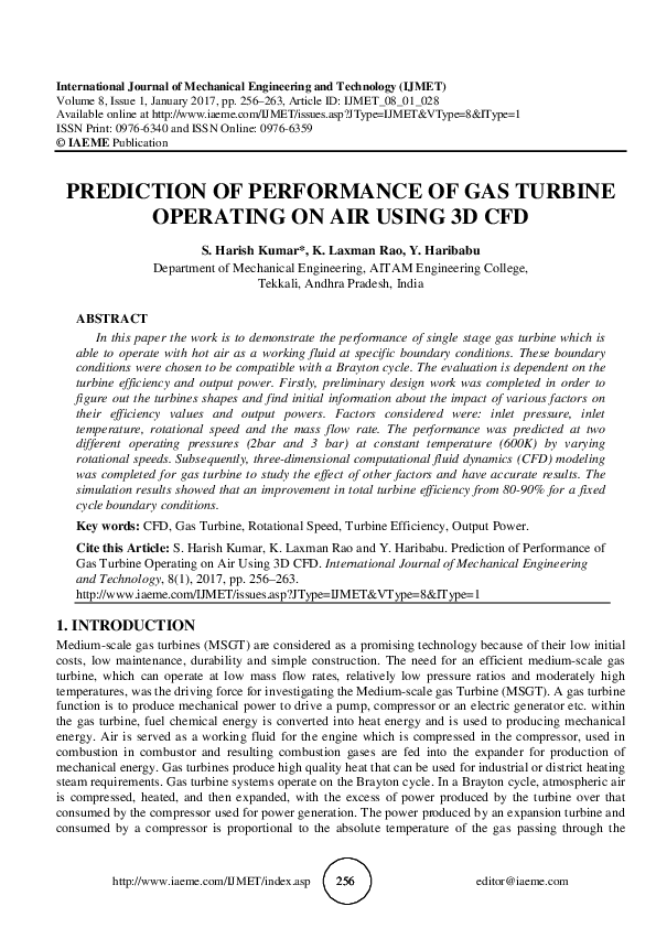 (PDF) PREDICTION OF PERFORMANCE OF GAS TURBINE OPERATING ON AIR USING 3D CFD