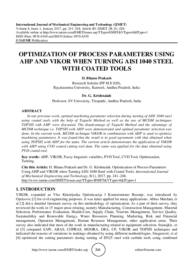 (PDF) OPTIMIZATION OF PROCESS PARAMETERS USING AHP AND VIKOR WHEN TURNING AISI 1040 STEEL WITH ...