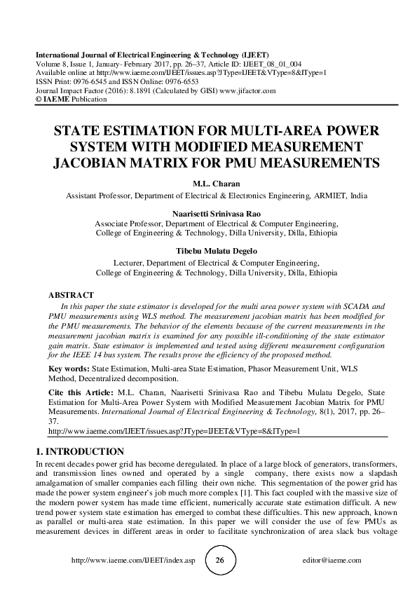 (PDF) STATE ESTIMATION FOR MULTI-AREA POWER SYSTEM WITH MODIFIED MEASUREMENT JACOBIAN MATRIX FOR ...