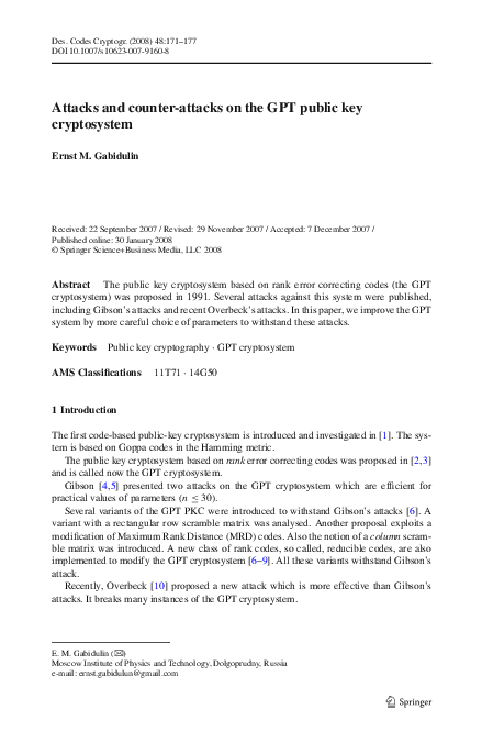 (PDF) Attacks and counter-attacks on the GPT public key cryptosystem | Ernst Gabidulin ...