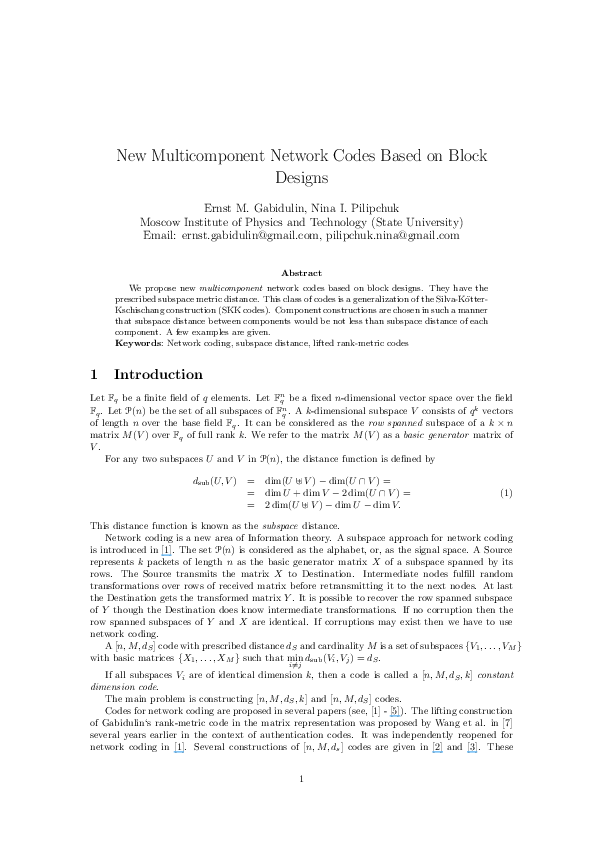 (PDF) New Multicomponent Network Codes Based on Block Designs