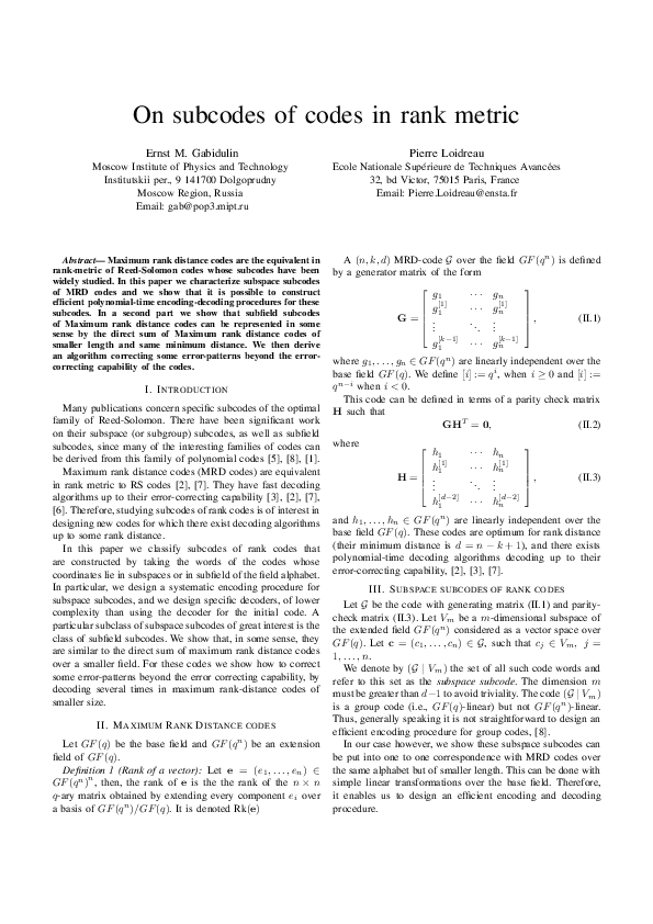 (PDF) On subcodes of codes in rank metric | Ernst Gabidulin - Academia.edu
