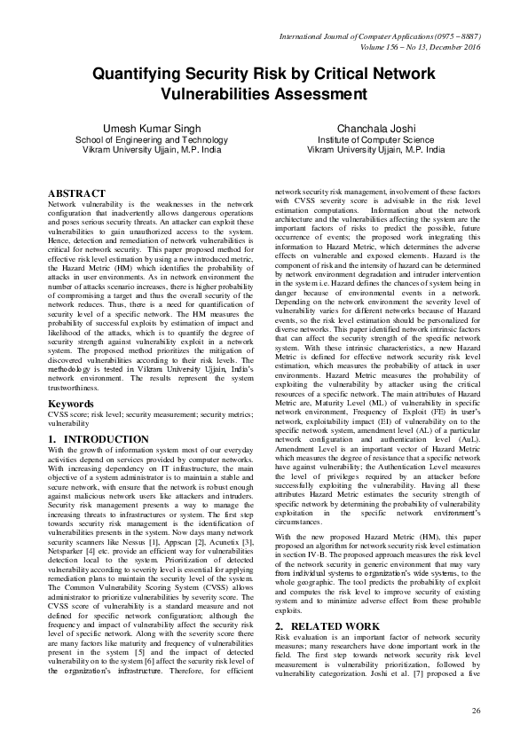 (PDF) Quantifying Security Risk by Critical Network Vulnerabilities Assessment