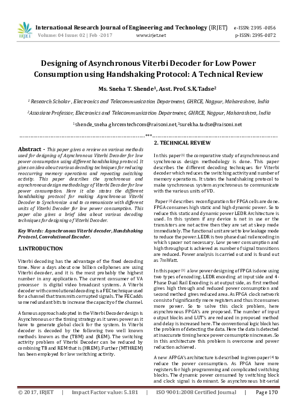 Pdf Irjet Designing Of Asynchronous Viterbi Decoder For Low Power