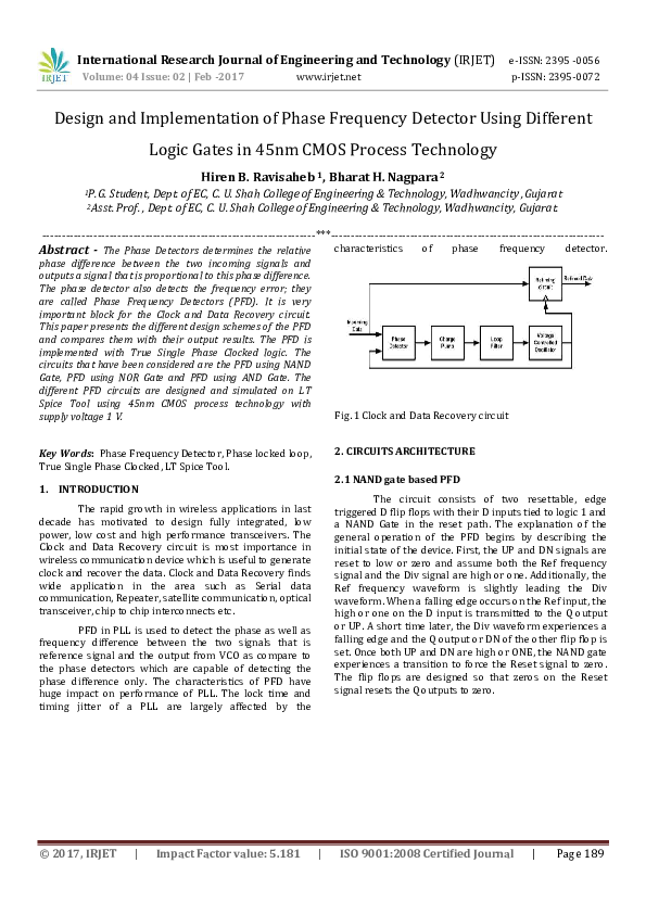 Pdf Irjet Design And Implementation Of Phase Frequency Detector Using Different Logic Gates In