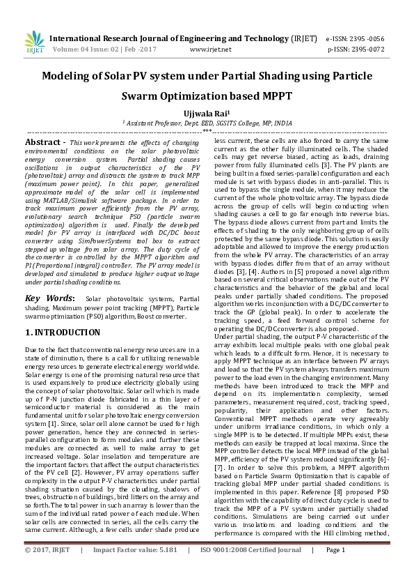 Pdf Irjet Modeling Of Solar Pv System Under Partial Shading Using Particle Swarm Optimization
