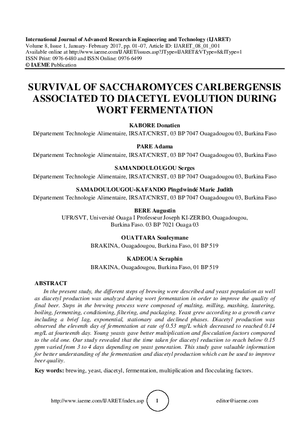 (PDF) SURVIVAL OF SACCHAROMYCES CARLBERGENSIS ASSOCIATED TO DIACETYL ...
