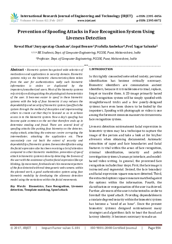 (PDF) IRJET-Prevention of Spoofing Attacks in Face Recognition System Using Liveness Detection