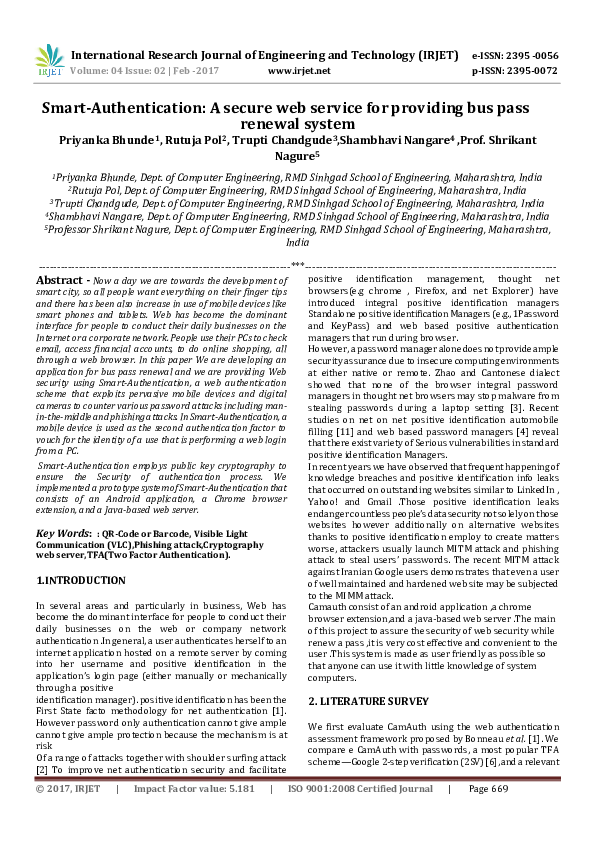 (PDF) IRJET-Smart-Authentication: A secure web service for providing bus pass renewal system