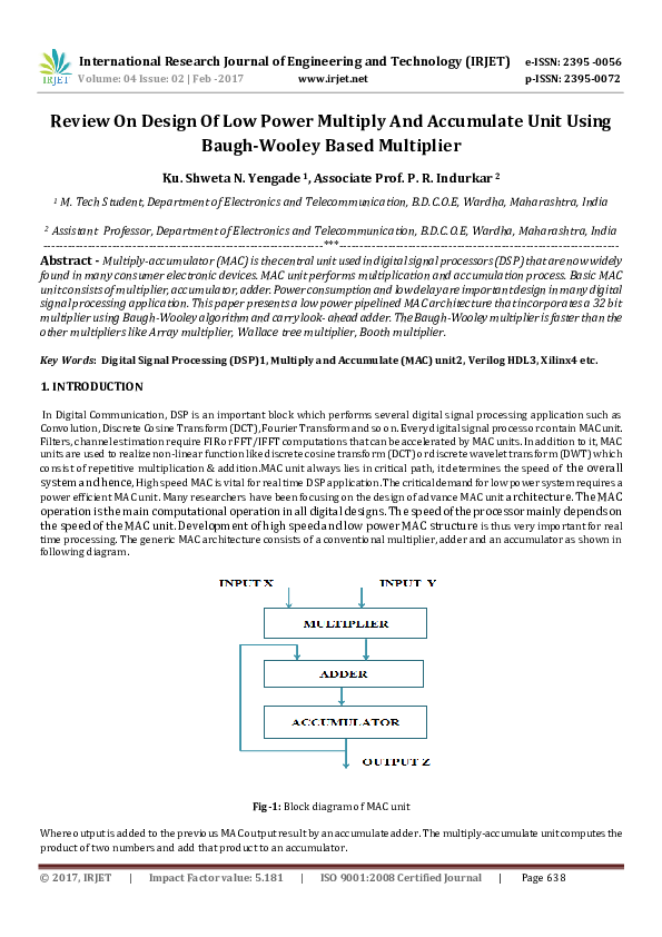 (PDF) IRJET-Review On Design Of Low Power Multiply And Accumulate Unit Using Baugh-Wooley Based ...