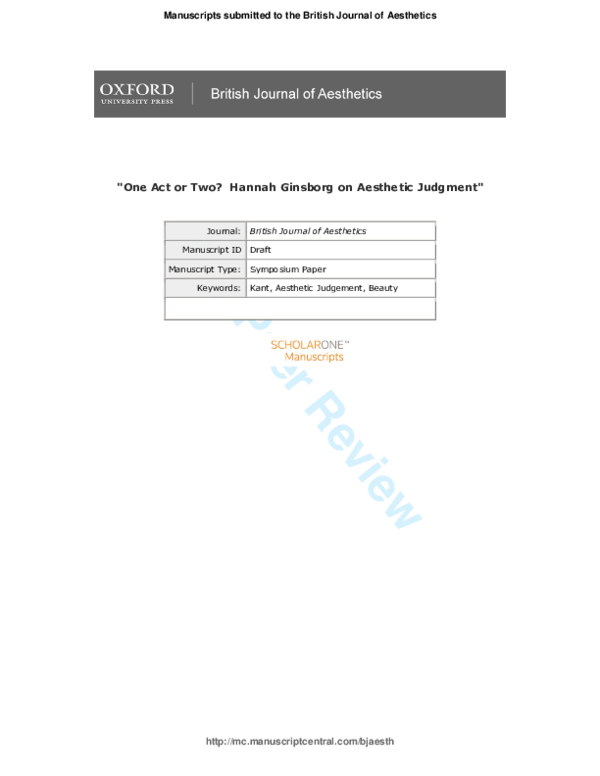 (PDF) "One Act or Two? Hannah Ginsborg on Aesthetic Judgment"