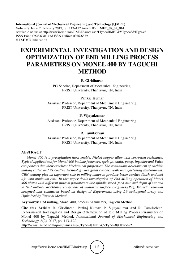 (PDF) EXPERIMENTAL INVESTIGATION AND DESIGN OPTIMIZATION OF END MILLING PROCESS PARAMETERS ON ...