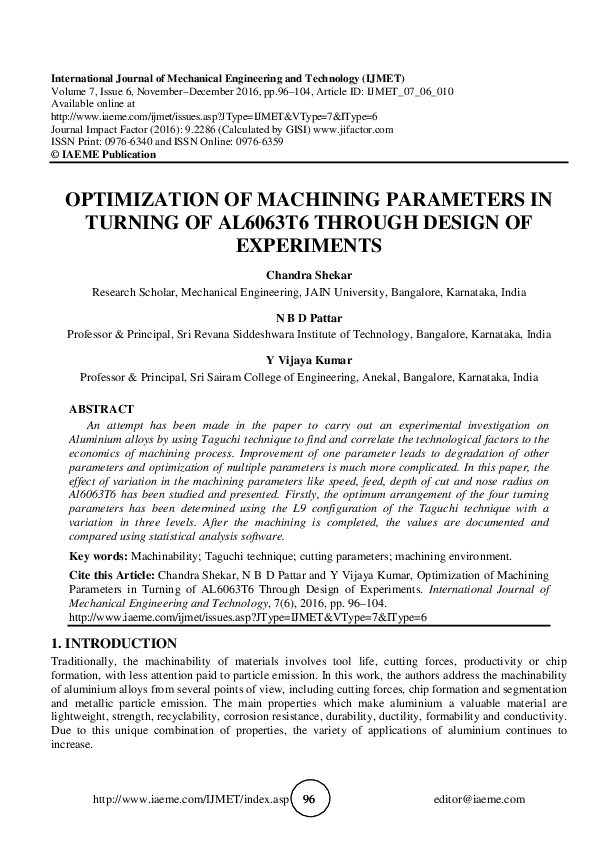 Pdf Optimization Of Machining Parameters In Turning Of Al6063t6 Through Design Of Experiments