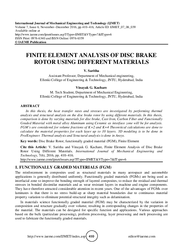 (PDF) FINITE ELEMENT ANALYSIS OF DISC BRAKE ROTOR USING DIFFERENT MATERIALS 1. FUNCTIONALLY ...