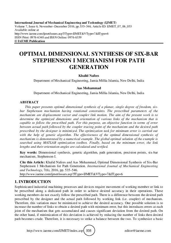 (PDF) OPTIMAL DIMENSIONAL SYNTHESIS OF SIX-BAR STEPHENSON I MECHANISM FOR PATH GENERATION
