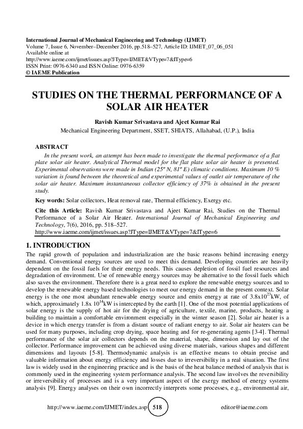 (PDF) STUDIES ON THE THERMAL PERFORMANCE OF A SOLAR AIR HEATER