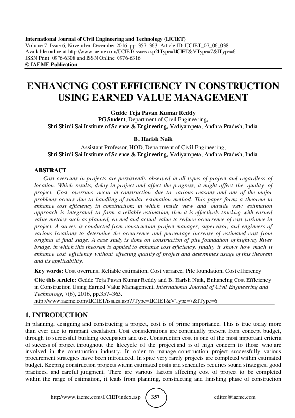 (PDF) ENHANCING COST EFFICIENCY IN CONSTRUCTION USING EARNED VALUE MANAGEMENT