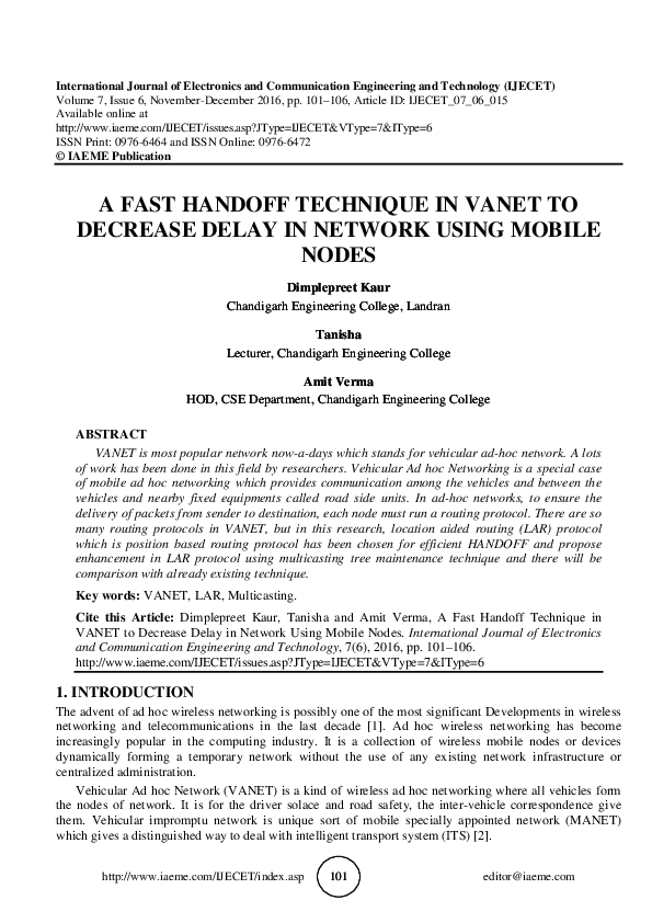 Pdf A Fast Handoff Technique In Vanet To Decrease Delay In Network Using Mobile Nodes