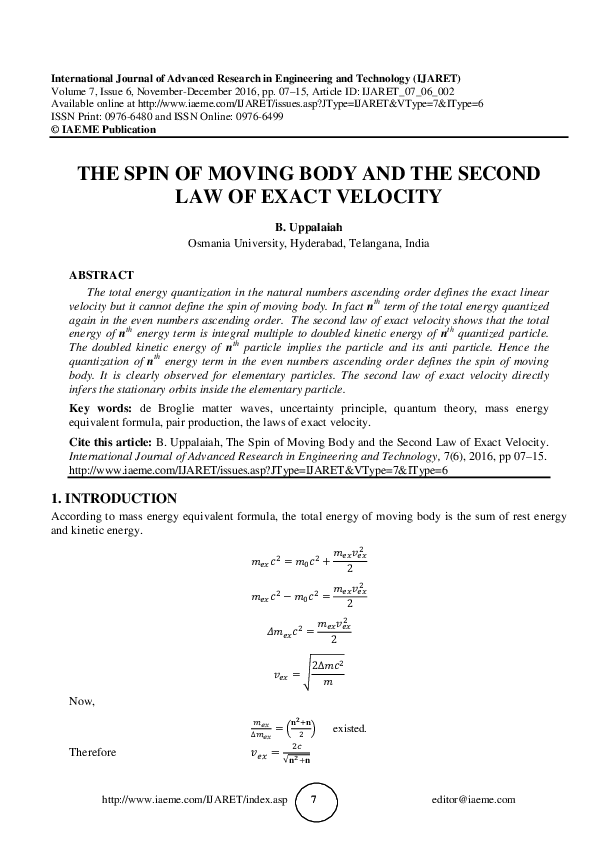 (PDF) THE SPIN OF MOVING BODY AND THE SECOND LAW OF EXACT VELOCITY