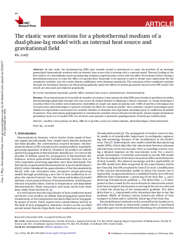 (PDF) The elastic wave motions for a photothermal medium of a dual ...