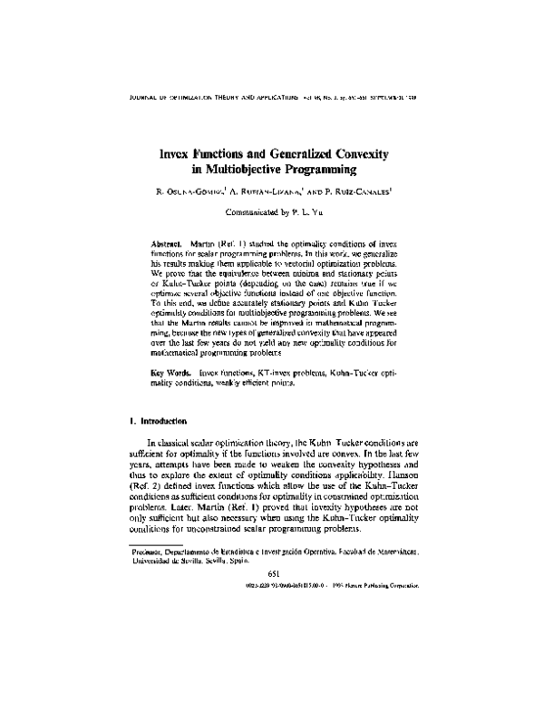 Pdf Invex Functions And Generalized Convexity In Multiobjective Programming Pascual Ruiz