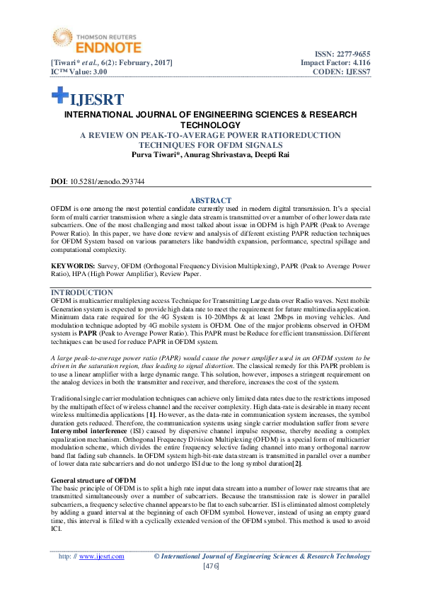 Pdf A Review On Peak To Average Power Ratioreduction Techniques For Ofdm Signals
