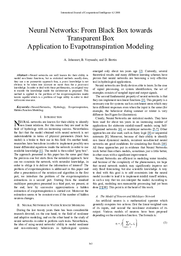 (PDF) Neural Networks: From Black Box towards Transparent Box Application to Evapotranspiration ...