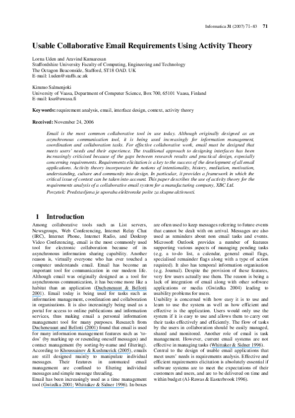 (PDF) Usable Collaborative Email Requirements Using Activity Theory