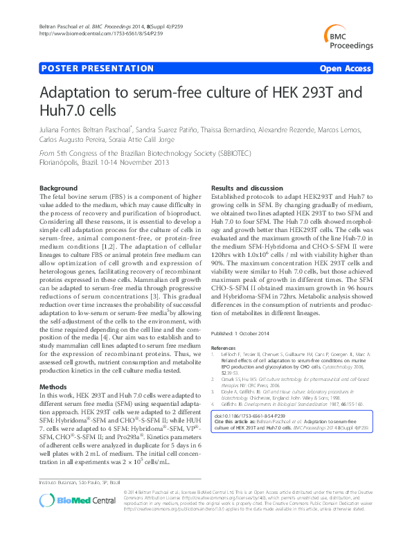 (PDF) Adaptation to serum-free culture of HEK 293T and Huh7.0 cells