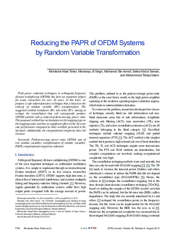(PDF) Reducing the PAPR of OFDM Systems by Random Variable Transformation | Montadar Taher ...